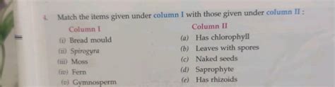 4 Match The Items Given Under Column I With Those Given Under Column II