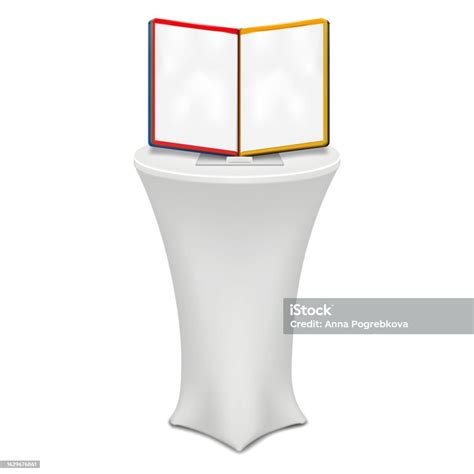 판촉 테이블 벡터 모형에 Sop 책상 스탠드 흰색 원형 카운터 스탠드에 플립파일 컬러 포켓이 있는 빈 정보 디스플레이는 사실적인 모형을 세웁니다 디자인용 템플릿 3차원