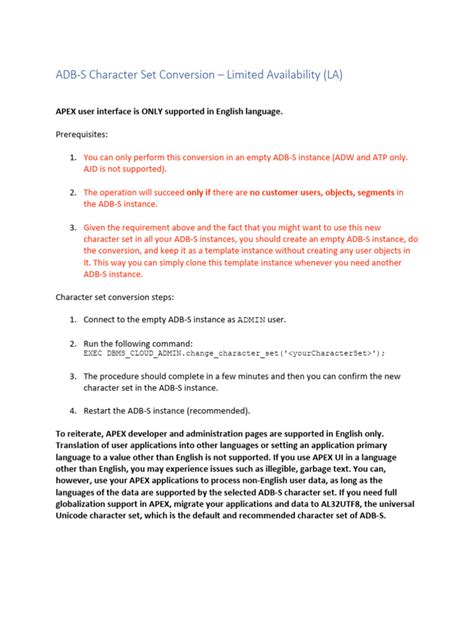 Adb S Character Set Conversion Limited Availability La Pdf