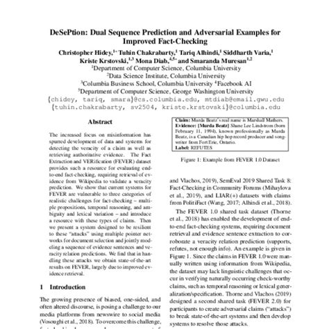 Deseption Dual Sequence Prediction And Adversarial Examples For Improved Fact Checking Acl