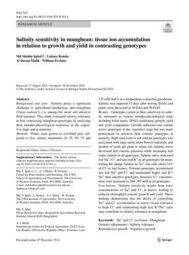 Salinity Sensitivity In Mungbean Tissue Ion Accumulation In Relation
