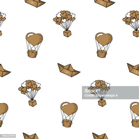 낙서 스타일의 골드 요소와 발렌타인 데이 원활한 패턴 풍선에 선물 에어로스타트 종이 보트 인사말 카드 직물 포장지 디자인에 대 한 손으로 그린 질감 벡터 일러스트레이션