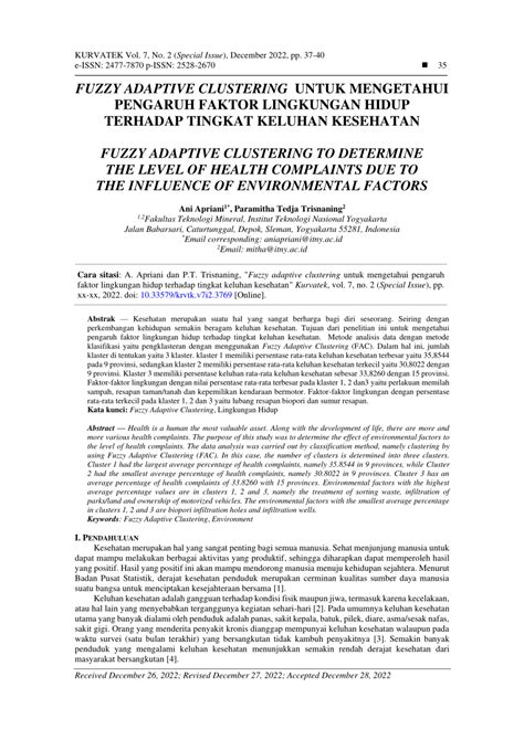 Pdf Fuzzy Adaptive Clustering Untuk Mengetahui Pengaruh Faktor Lingkungan Hidup Terhadap