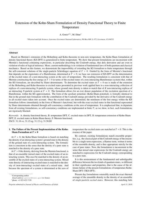 Pdf Extension Of The Kohn Sham Formulation Of Density Functional Theory To Finite Temperature
