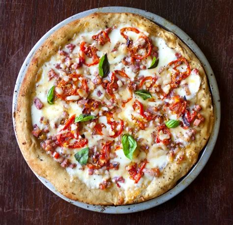Roasted Tomato Mozzarella And Pancetta Pizza On A Rosemary Focaccia
