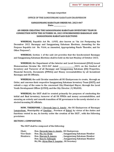 1 4 Bske 2023 Annexes D E And F Sangguniang Kabataan Inventory And Turnover Of Sk Pfrds And