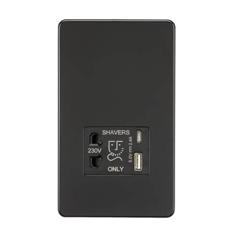 Knightsbridge Screwless Flat Plate Matt Black V Dual Voltage Shaver Socket With Dual USB A C