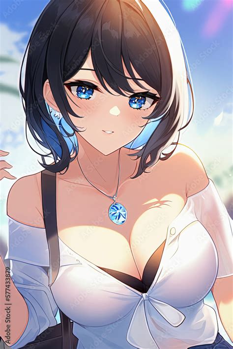 Sexy Girl With Big Breasts On Beach In Summer In Manga Anime Style Generative AI Stock
