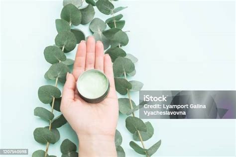 그녀의 손바닥에 유칼립투스 연꽃이나 크림 항아리를 들고 여자 상단보기 플랫 레이 복사 공간으로 모형 깨끗한에 대한 스톡 사진 및 기타 이미지 Istock