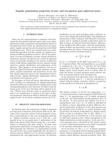 Pdf Angular Polarization Properties Of One And Two Photon Pure