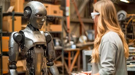 Engineers Collaborating With Advanced Ai Robot In A High Tech Workshop