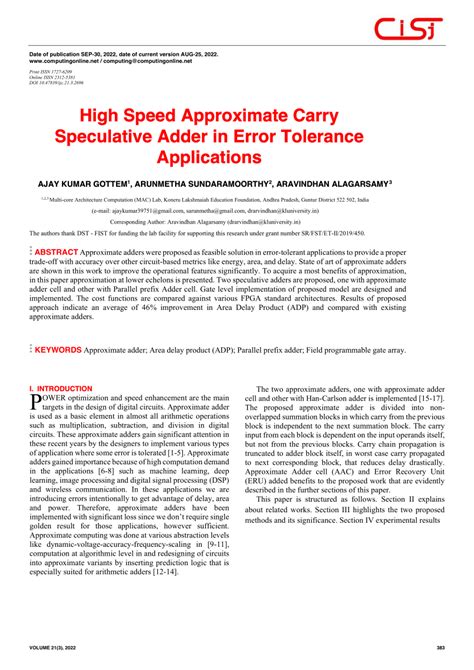 pdf high speed approximate carry speculative adder in error tolerance applications