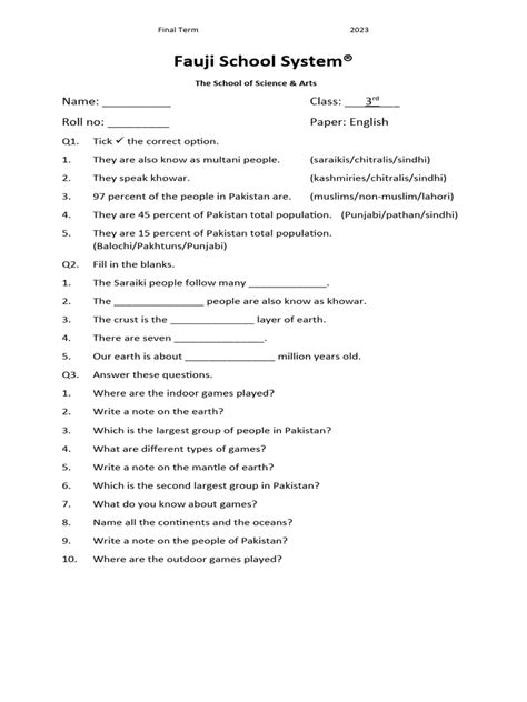 Class 3rd Paper 2023 Sst Pdf