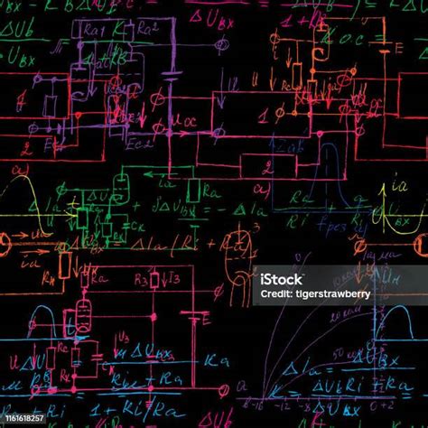 필기 수학 및 물리적 수식 전자 부품 회로도 및 장치의 회로와 과학적인 원활한 색상 배경 컬러의 전기 패턴 벡터 수학 공식에 대한 스톡 벡터 아트 및 기타 이미지 Istock