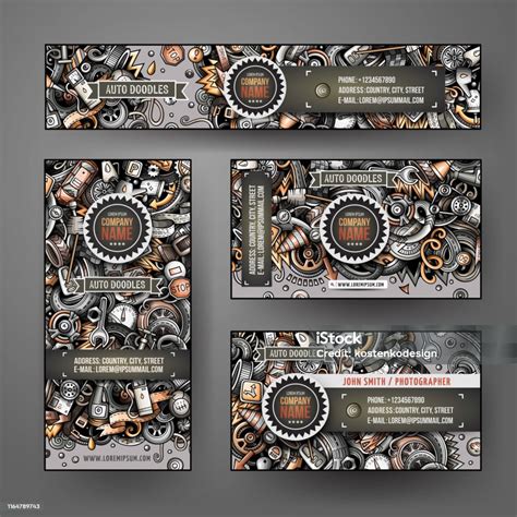회사 정체성 벡터 템플릿 세트 디자인 낙서 손으로 그린 자동차 테마 명함에 대한 스톡 벡터 아트 및 기타 이미지 명함 기어 기계 부분 서비스 Istock