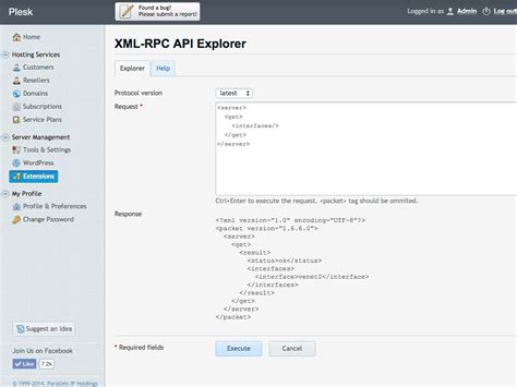 xml rpc api explorer extension plesk
