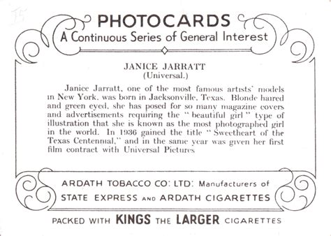 Janice Jarratt Cinema And Cigarette Cards