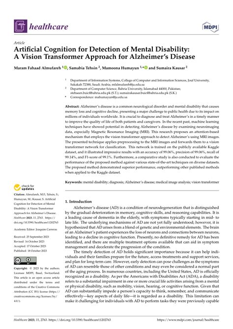 Pdf Artificial Cognition For Detection Of Mental Disability A Vision Transformer Approach For
