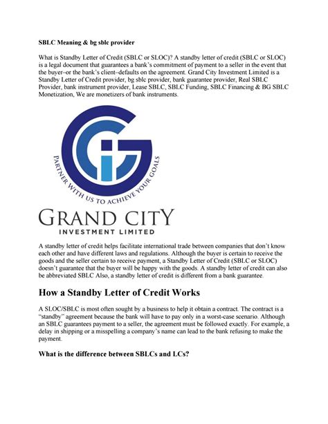 Sblc Meaning And Bg Sblc Provider By Grandcityinvestmentlimited Issuu