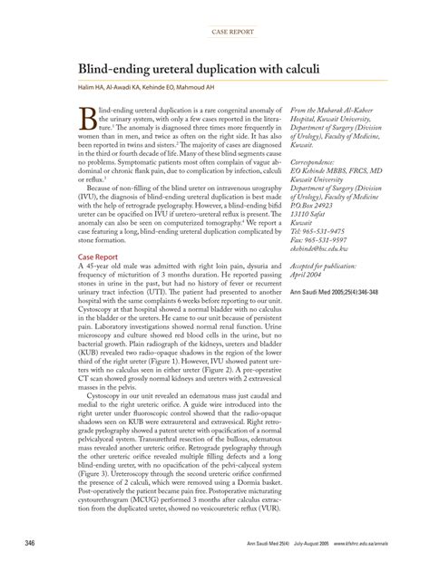 Pdf Blind Ending Ureteral Duplication With Calculi