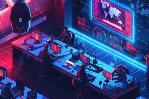 Team Of People Working At A Computer Desk Design An Isometric Scene Showing A Team Of Cyber