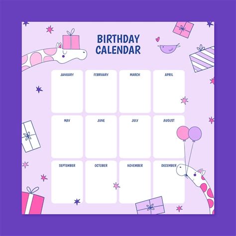 손으로 그린 생일 달력 서식 파일 무료 벡터