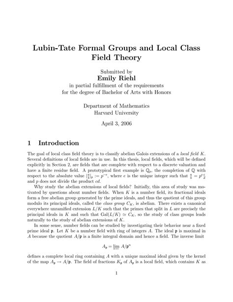 Solution Lubin Tate Formal Groups And The Local Theory Of Class Fields