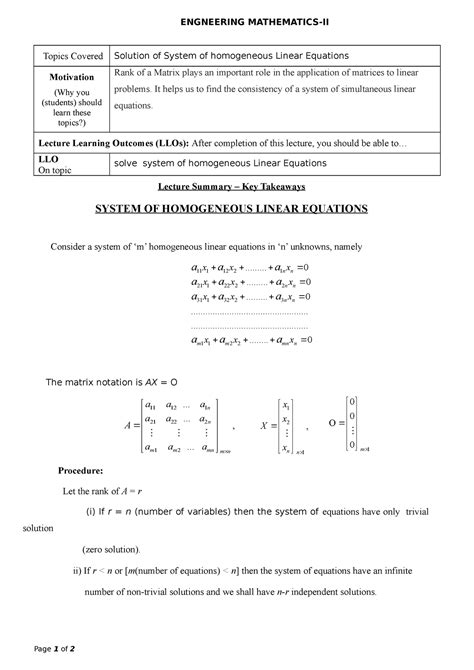 Solution Of System Of Homogeneous Linear Equations Engneering