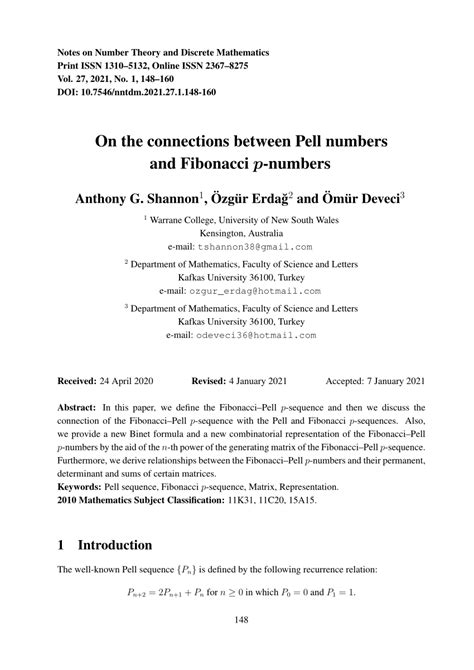 Pdf On The Connections Between Pell Numbers And Fibonacci P Numbers