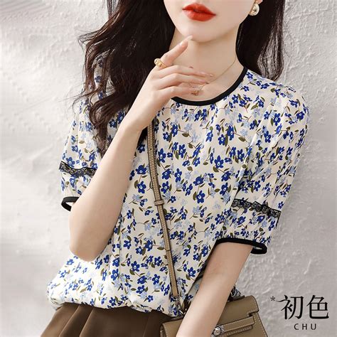 初色 圓領蕾絲拼接碎花印花休閒t恤上衣 花色 67221m 2xl可選現貨預購 短袖 Yahoo奇摩購物中心