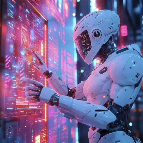 Digital Guardian Robot Protecting Data Streams With Holographic Cybersecurity Visuals Stock