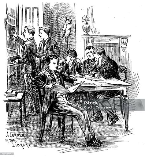 젊은 남자와 소년 노숙자와 고아 어린이에 대 한 기관에서 휴게실에서의 빅토리아 흑백 판화 소년의 자신의 종이 1892 19세기에 대한 스톡 벡터 아트 및 기타 이미지