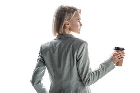 일회용 컵을 들고 있는 사업가의 뒷 전망이 흰색으로 분리 된 것을 보고 금발 머리에 대한 스톡 사진 및 기타 이미지 금발