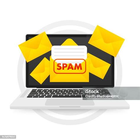 스팸 이메일 개념입니다 노트북 화면에 스팸 메시지입니다 경고 및 경고 스팸 알림 스팸 봉투 스팸 사서함 노트북 사기 오류 메시지 사기 바이러스에 대한 스팸 데이터 벡터 그림