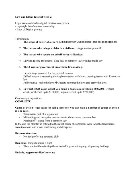 Law And Ethics Lecture And Tutorial Notes Law And Ethics Tutorial