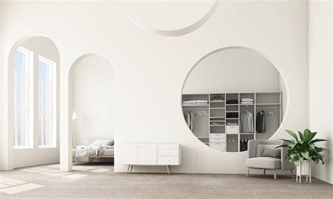 추상적인 인테리어 디자인거실 과 침실 흰색 톤 원형 아크 둥근 개구부 및 콘크리트 바닥의 건축 요소3d 렌더링 0명에 대한 스톡 사진 및 기타 이미지 Istock