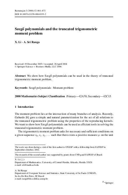 Pdf Szegő Polynomials And The Truncated Trigonometric Moment Problem