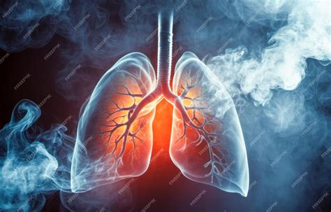 인간의 폐를 둘러싸고 있는 연기 흡연으로 인한 건강 위험 스트레스 하에서의 호흡기 해로운 영향 의학적 일러스트레이션으로 보여준다 프리미엄 Ai 생성 이미지