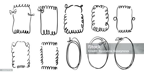 리본이 달린 요염한 낙서 프레임 빈티지 낙서 선 물결 모양의 테두리 리본 세트 벡터 귀여운 곱슬 사각형과 휴일 메뉴에 대한 타원형 템플릿 미니멀 블랙 간부 생일 손으로 그린