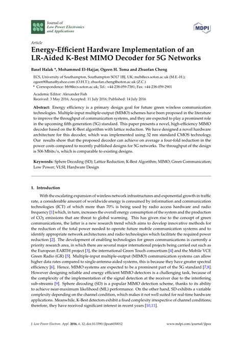pdf energy efficient hardware implementation of an lr aided k best mimo decoder for 5g networks