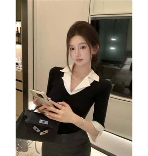 엣지패션 블랙 셔츠 칼라 캐주얼 여성 7부 커프스 소매 상의 티몬