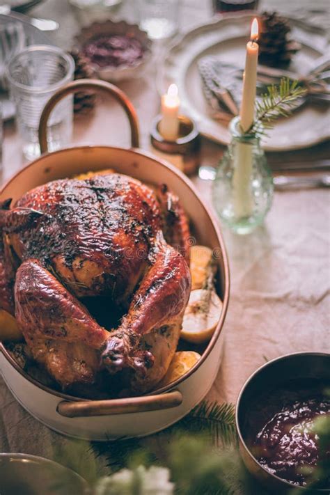 Roasted Festive Thanksgiving Day Turkey On Festive Table Setting
