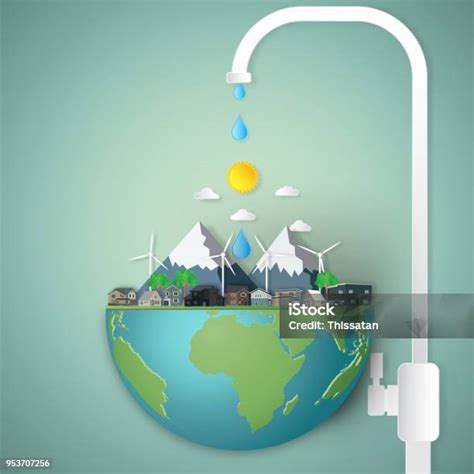 비즈니스 자연 환경 생명 그리고 사랑 지구의 날 개념으로 반구 녹색 세계에 세계 자연에 수도 꼭지 물 영양소 벡터 일러스트 종이 예술과 공예 스타일의 0명에 대한 스톡 벡터
