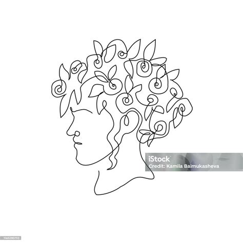 그녀의 머리에 장미 꽃다발을 가진 여자 한 줄 윤곽선 그리기 윤곽 여성 초상화 골동품 여신의 개념 머리에 꽃이있는 님프 자연과의 단결 개념에 대한 스톡 벡터 아트 및 기타