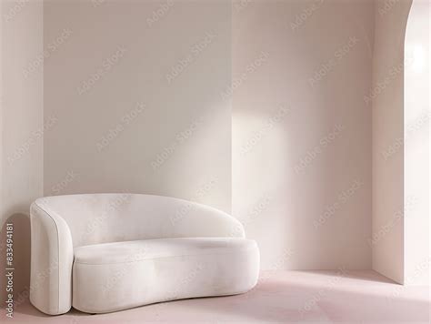 정면 소파 제품 사진 클로즈업 디테일 건축가의 디자인 스타일의 빈 흰색 방에서 아이코닉 디자인 작품 스타일의 흰색 소파 라이트 베이지 및 라이트 뮤트 핑크