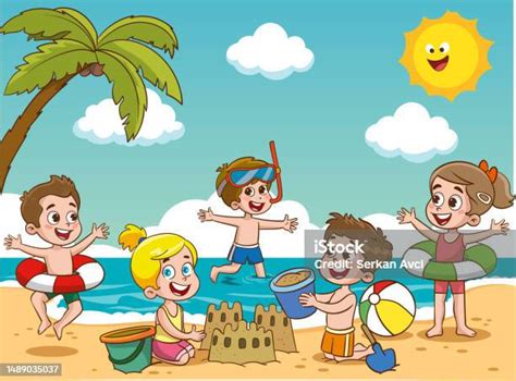 아이들은 바다 해변 해안의 여름 어린이 캠프에서 바다에서 수영을 한다 어린 소년이 공을 가지고 놀고 있다 해변의 아이들은 모래성을 쌓고 있습니다 계절에 대한 스톡 벡터 아트
