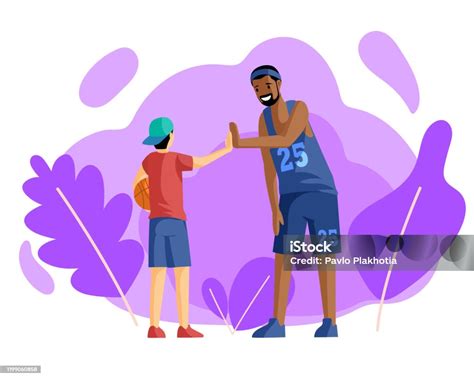 하이 파이브 플랫 벡터 일러스트레이션을 제공하는 행복한 농구 선수 스포츠 훈련 활동 팀 정신 유니폼과 작은 농구 선수에 코치 공 만화 캐릭터 농구 선수에 대한 스톡 벡터