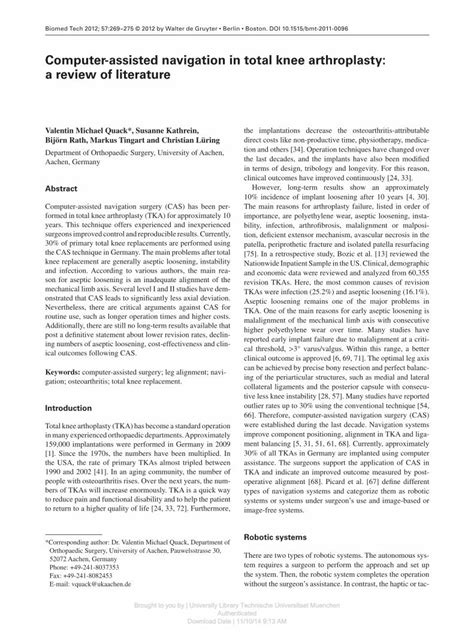 Pdf Computer Assisted Navigation In Total Knee Arthroplasty A Review