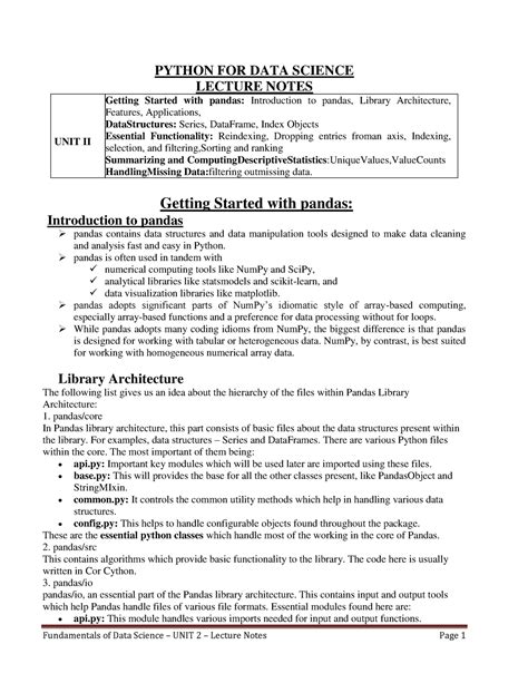 Unit Ii Material Python For Data Science Lecture Notes Unit Ii Getting Started With Pandas