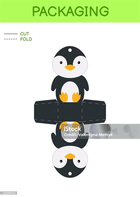 Diy 파티 호의 상자 다이 컷 템플릿 디자인 생일 과자 사탕 작은 선물에 대한 귀여운 펭귄아기 샤워 인쇄 가능한 색상 구성표입니다 인쇄 잘라내기 접기 접착제 벡터